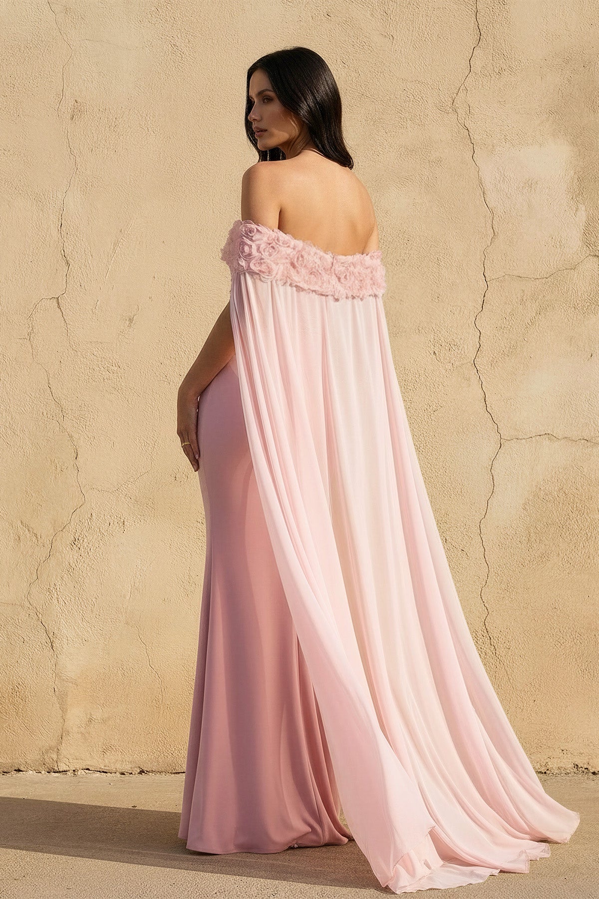 Sheisme | Pink Off-Shoulder Floral Cape Mermaid Prom Evening Formal Dress
