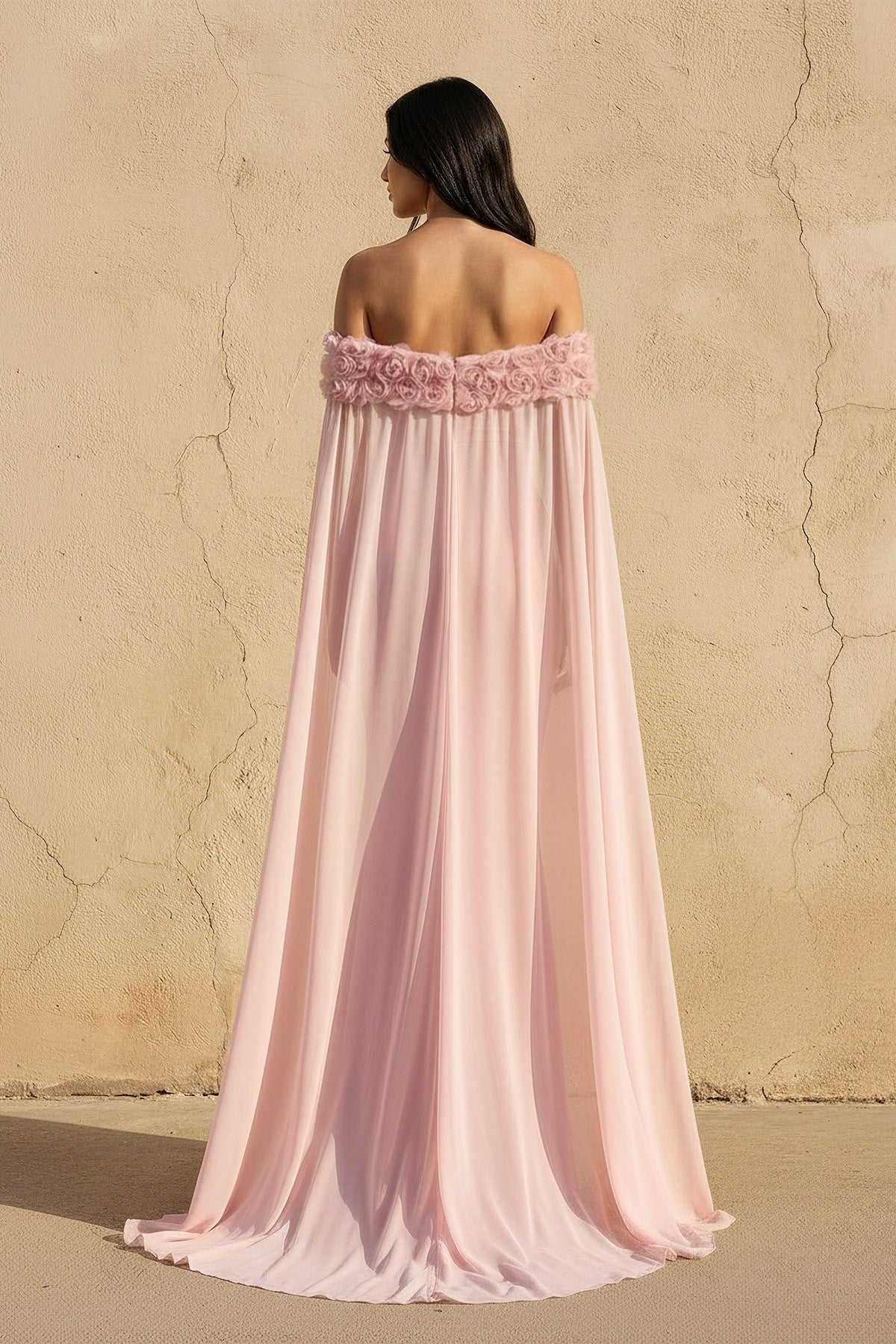 Sheisme | Pink Off-Shoulder Floral Cape Mermaid Prom Evening Formal Dress