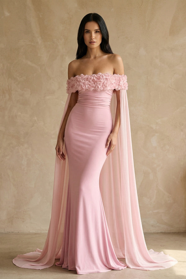 Sheisme | Pink Off-Shoulder Floral Cape Mermaid Prom Evening Formal Dress