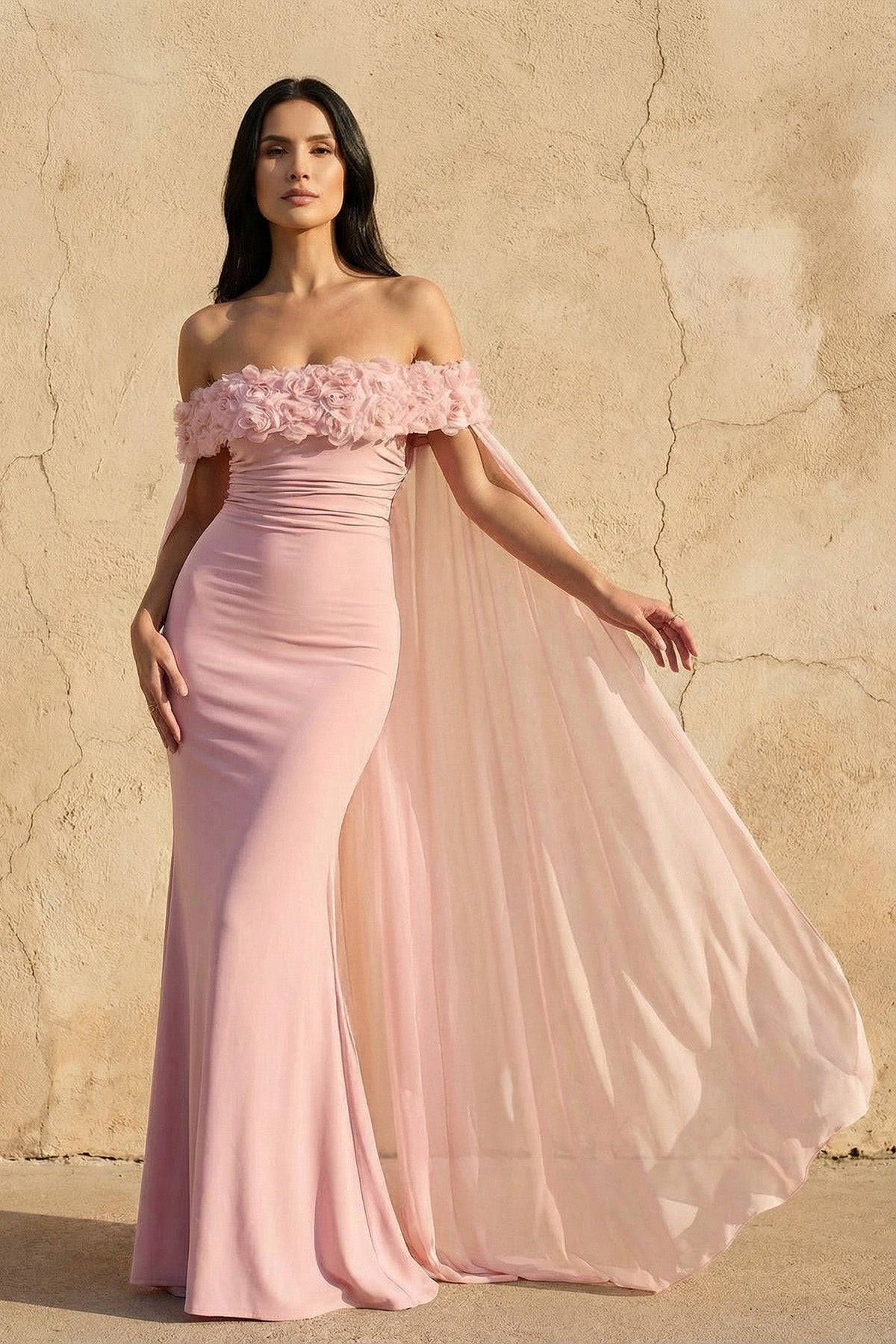 Sheisme | Pink Off-Shoulder Floral Cape Mermaid Prom Evening Formal Dress